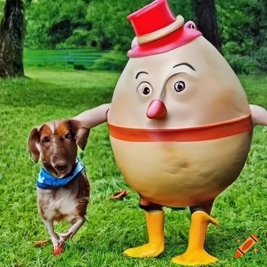 Humpty Dumpty and a duck playing with a dog at the playground in the ...