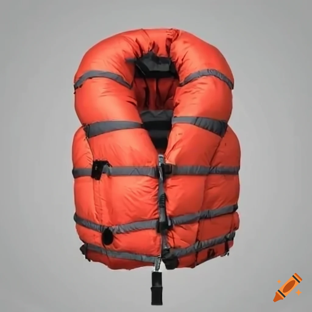 Man standing on a large life-jacket wearing a down jacket on Craiyon