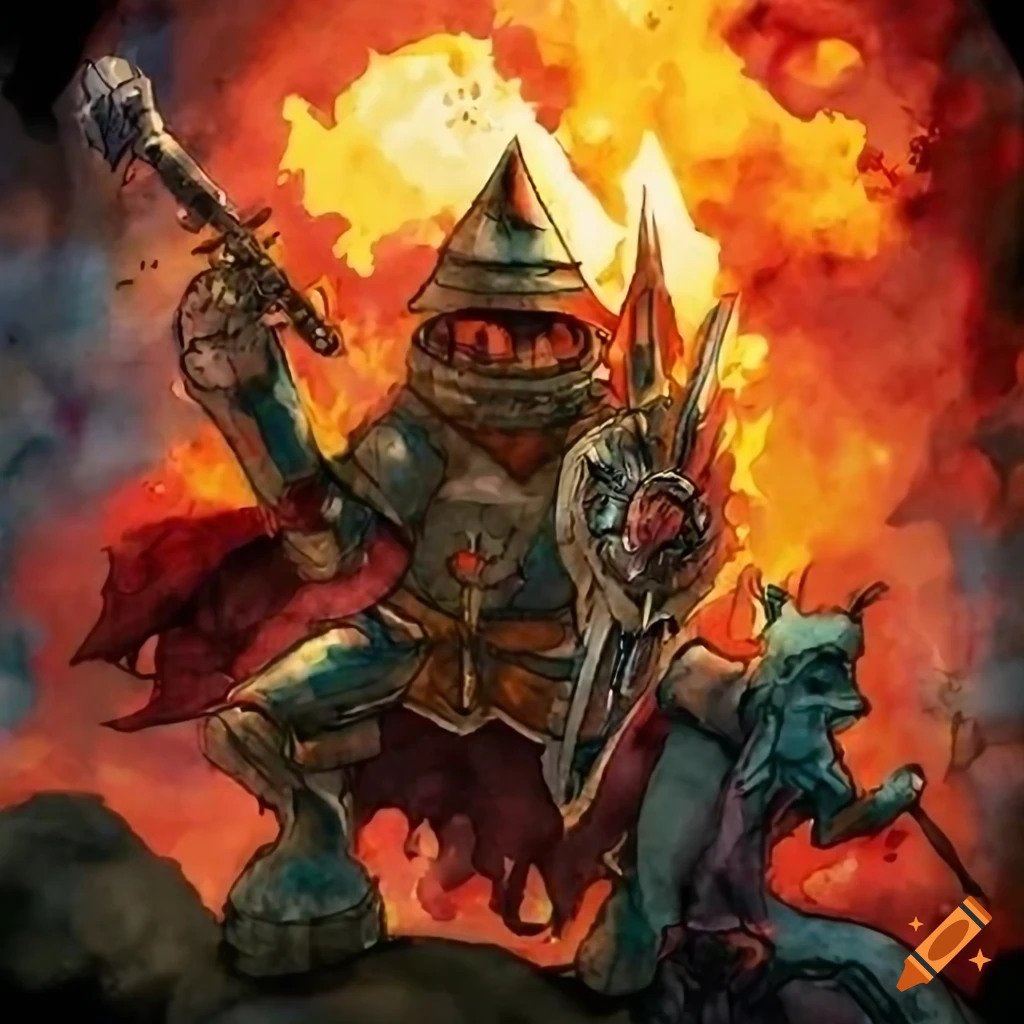 Detailed watercolor depicting an intense battle between anthro knight ...