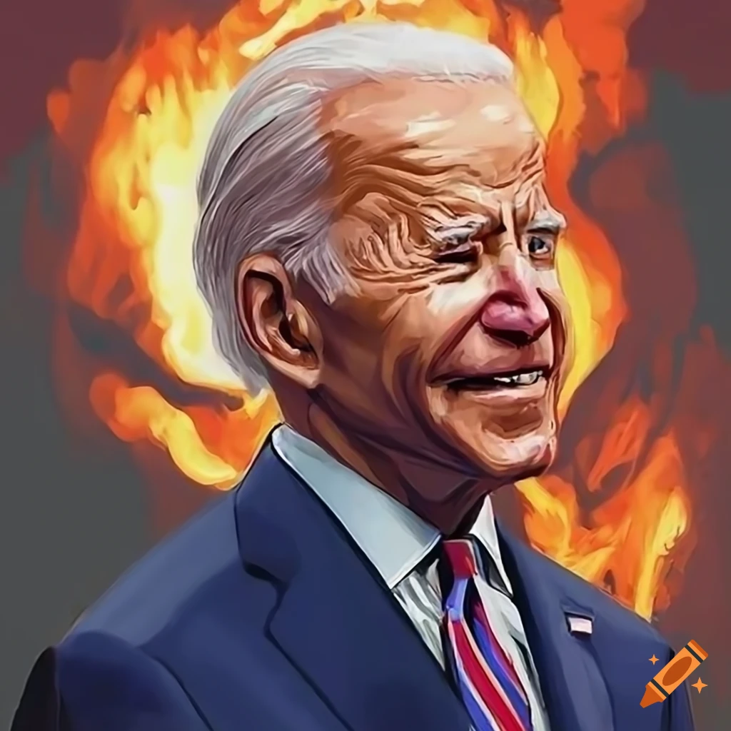Joe biden with a dramatically burning world in realistic artwork on Craiyon