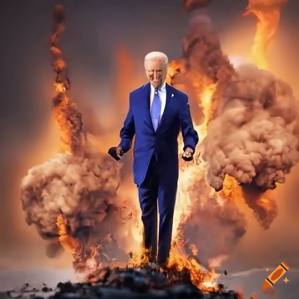 President Joe Biden on a stage with dramatic atomic explosion in the ...