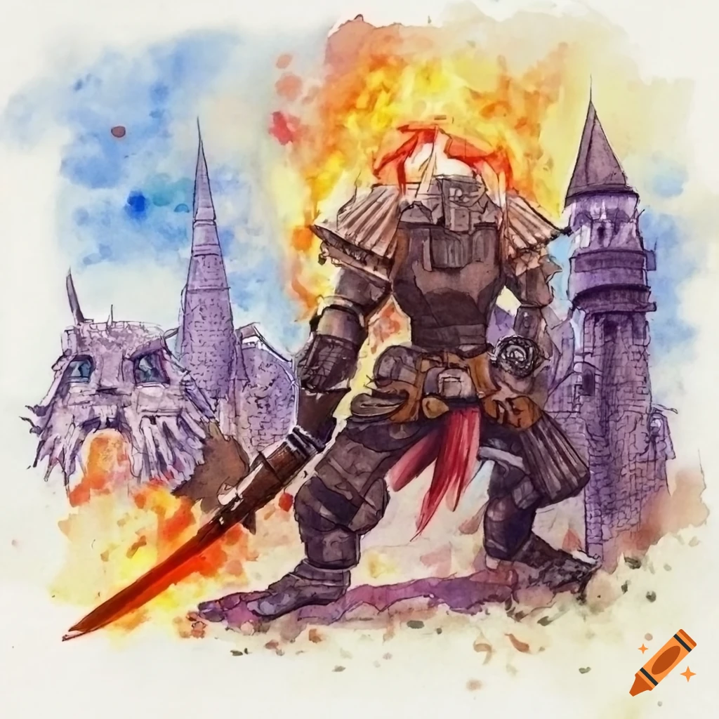Detailed watercolor depicting an intense battle between anthro knight ...