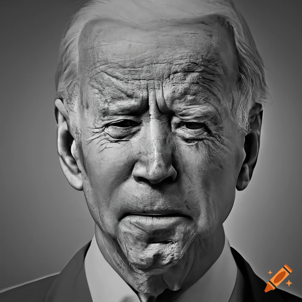 Close-up of tired Joe Biden in photorealistic black and white sketch on Craiyon
