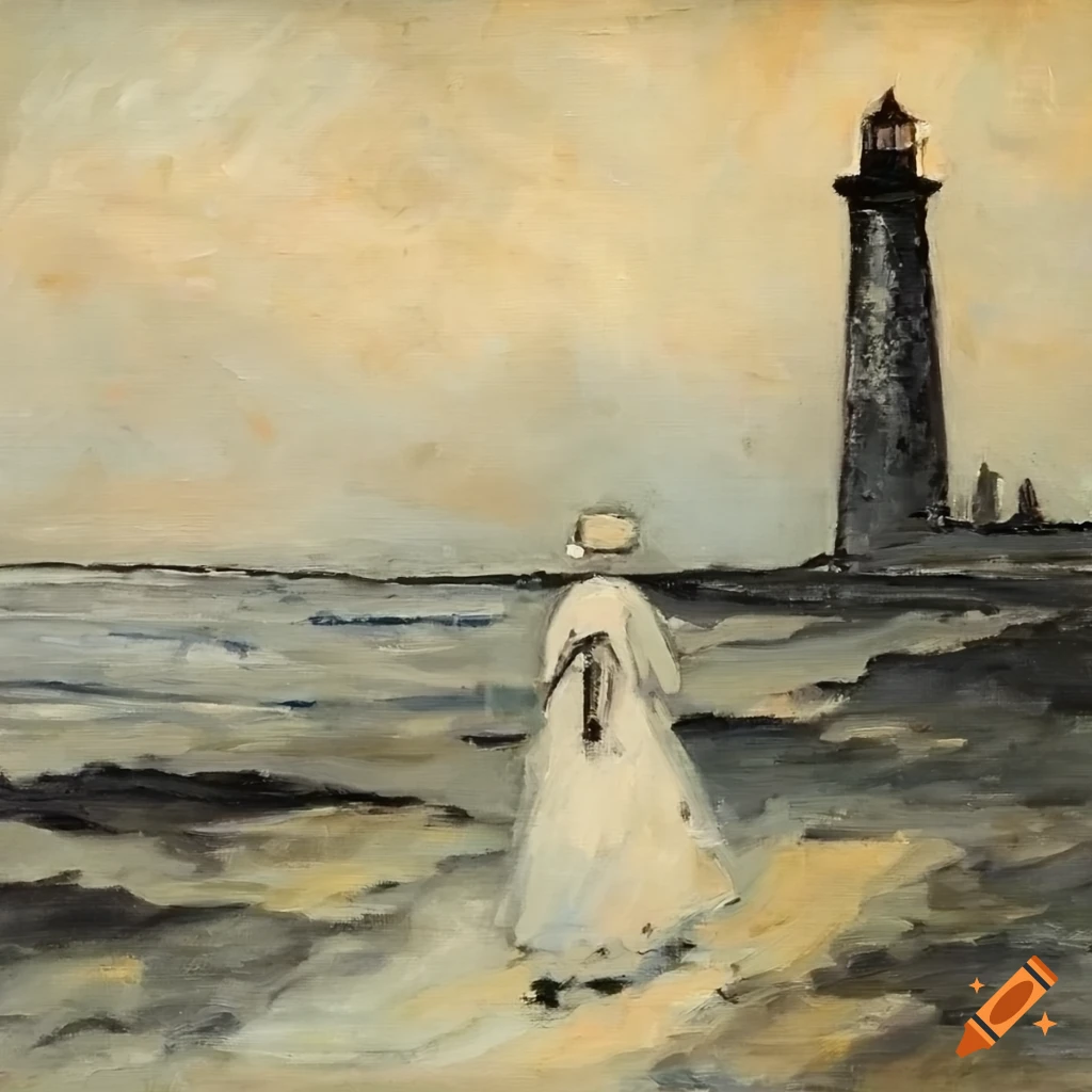 Impressionist oil painting of a woman approaching a ghostly lighthouse ...