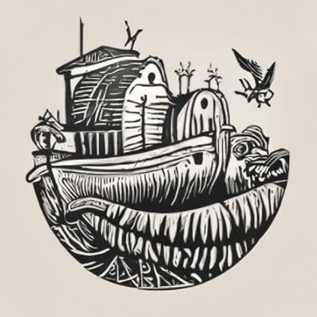 Striking linocut in black and white with plain white background depicts ...