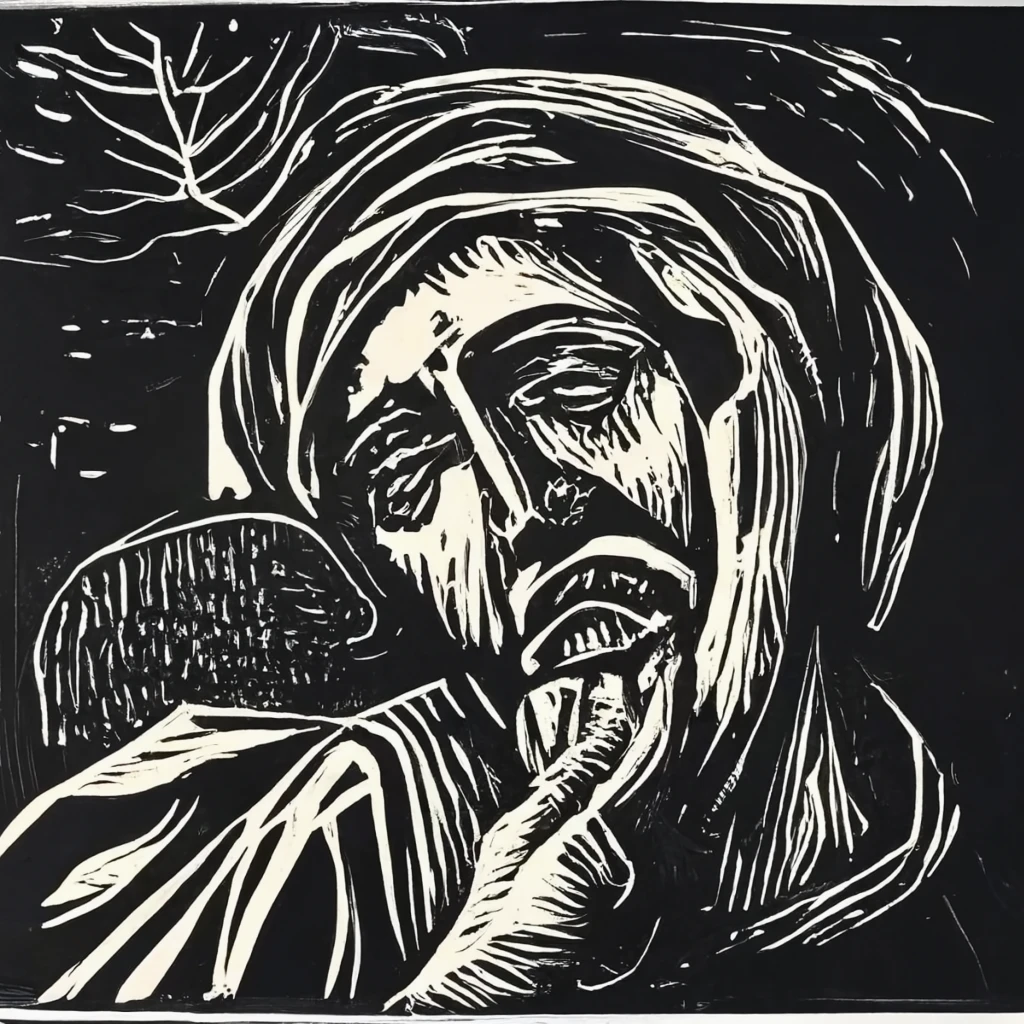 Linocut in black and white of biblical job suffering on Craiyon