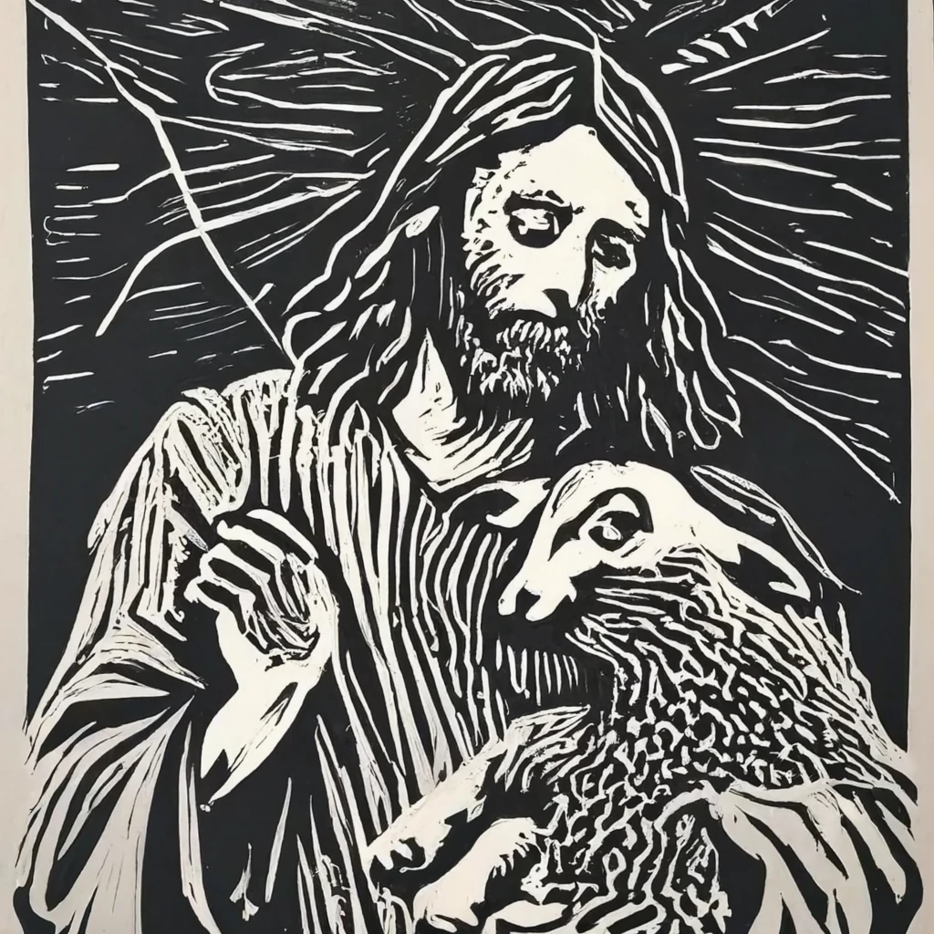 Linocut in black and white of biblical Jesus Christ with a sheep ...