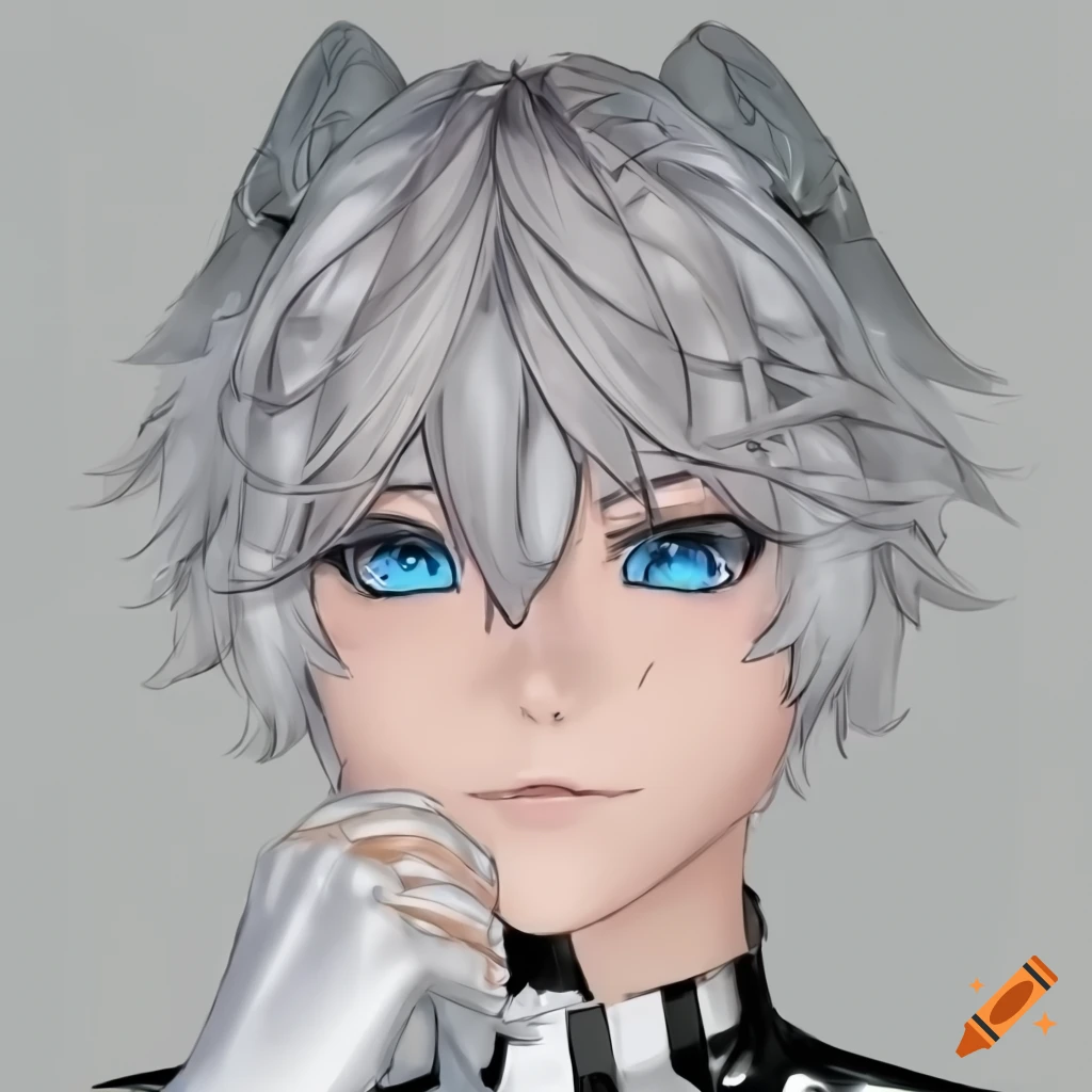 Male vtuber with silver hair and blue eyes in a stylish outfit on Craiyon