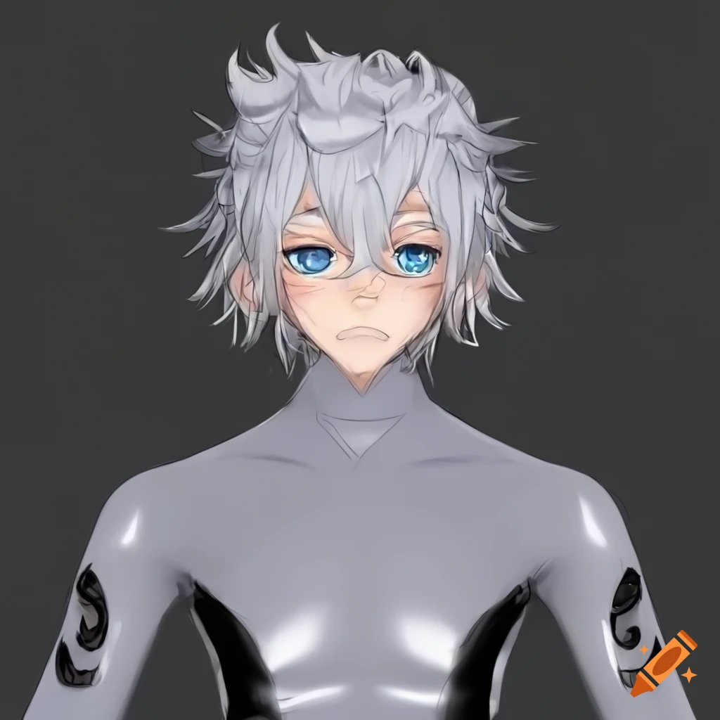 Male vtuber with silver hair and blue eyes in a stylish outfit on Craiyon