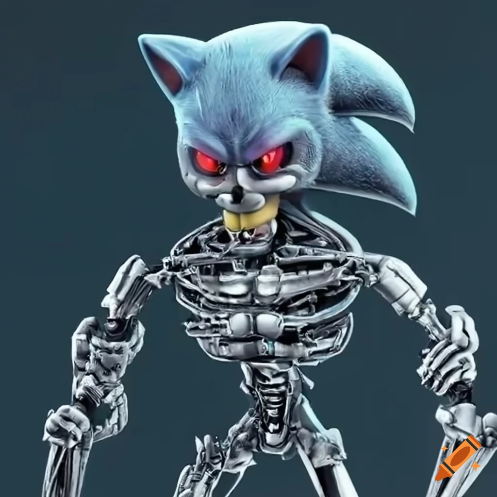 Sonic the hedgehog as a giant terminator with robotic tentacles on Craiyon
