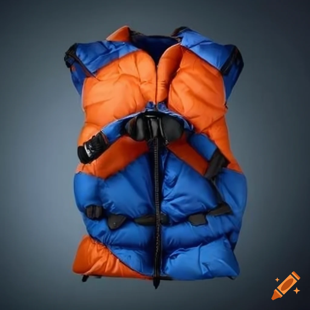 Padded full hood coat with attached blue lifejacket in a room on Craiyon