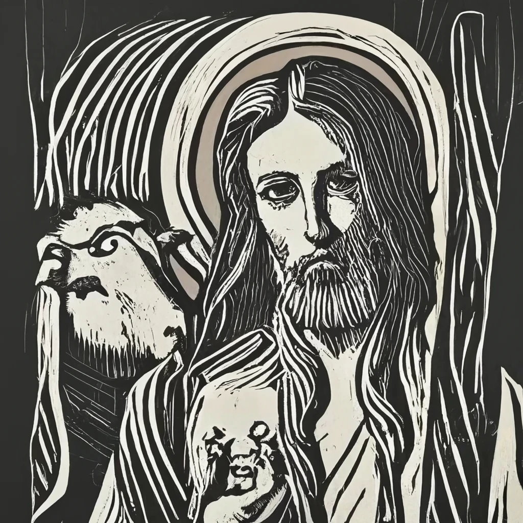 Contemporary black and white linocut fine art with plan background ...