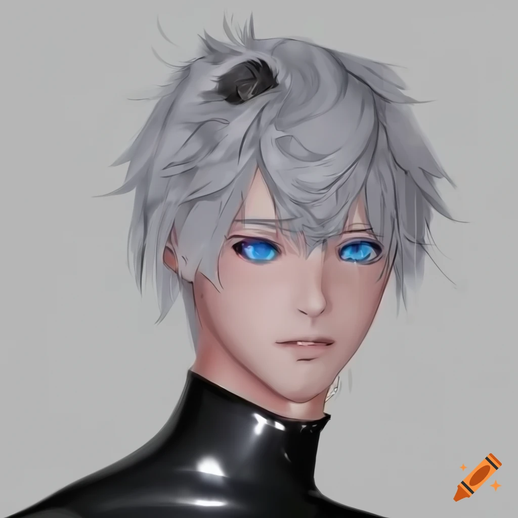Male vtuber with silver hair and blue eyes in a stylish outfit on Craiyon