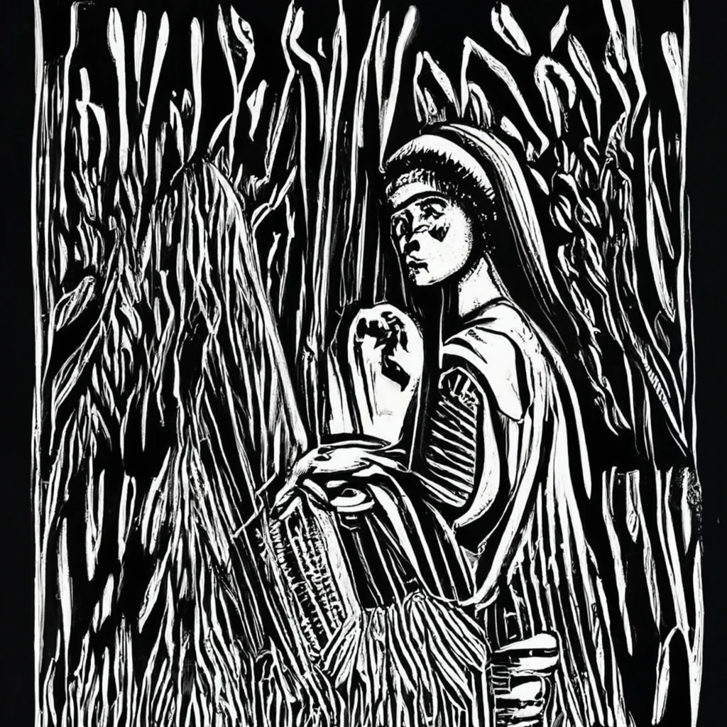 Striking folk art linocut in black and white with plain background ...