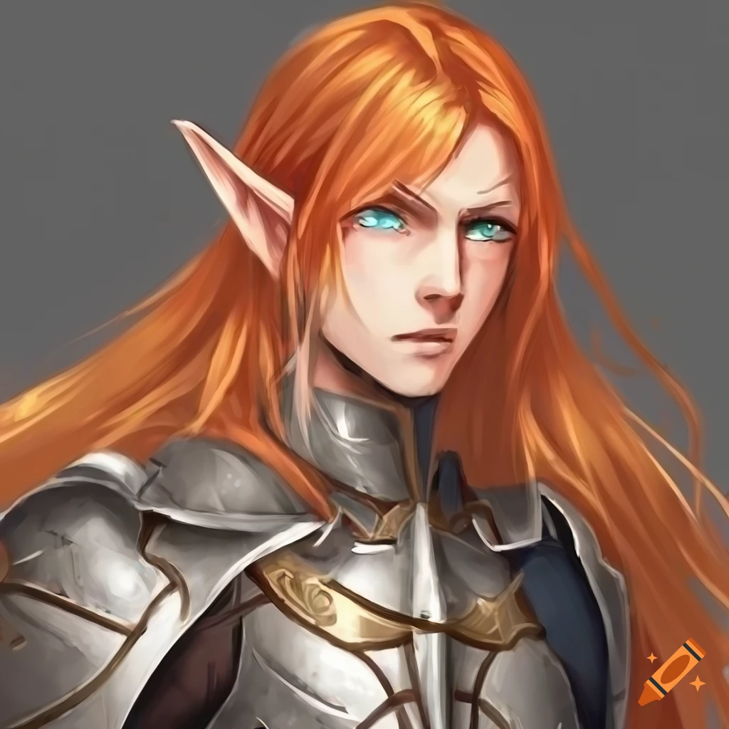 Anime painting of a male elf knight with long orange hair and green ...