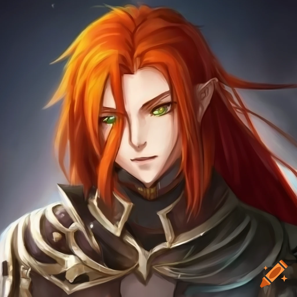 Anime painting of a male elf knight with long orange hair and green ...