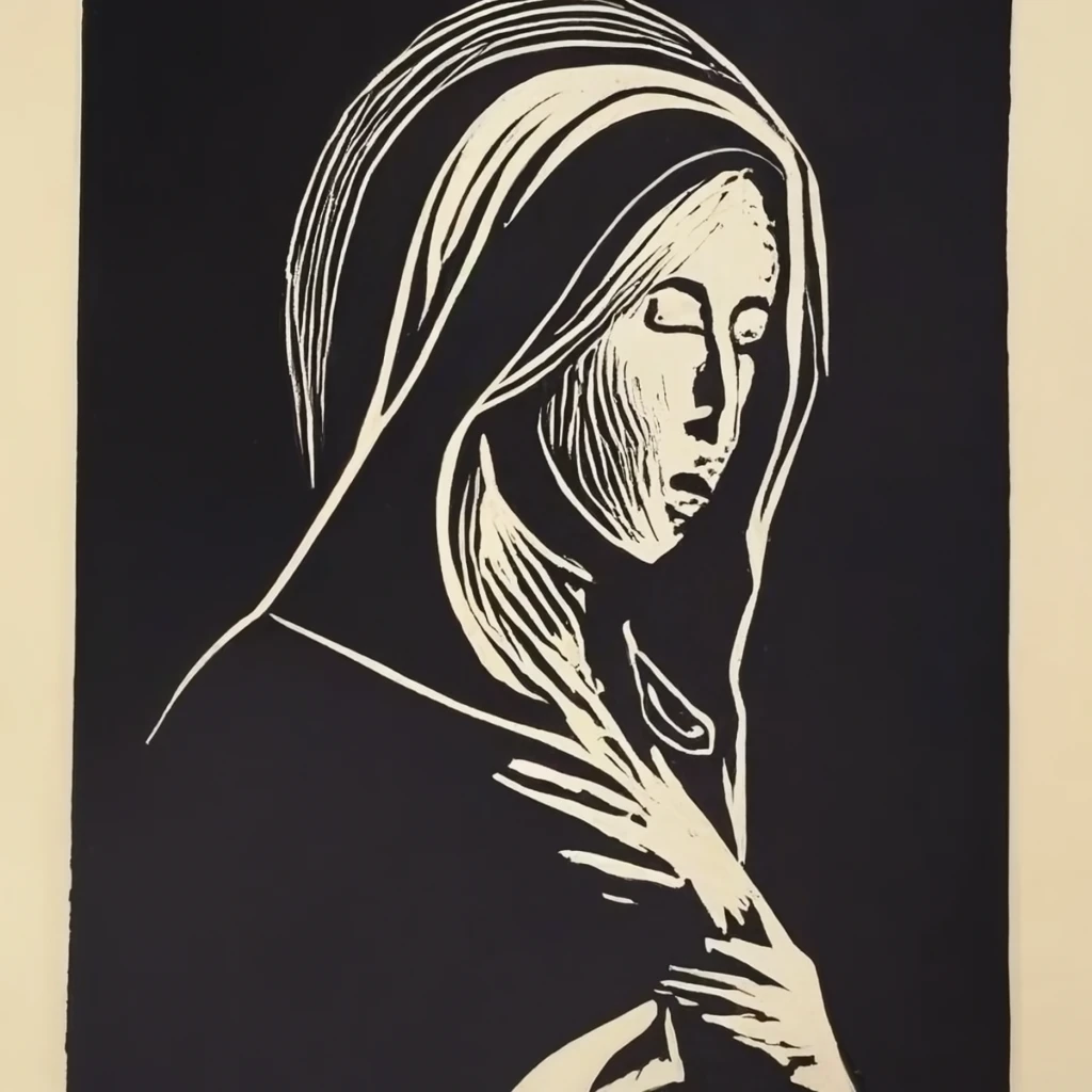 Striking 1970s linocut in black and white with plain background depicts ...