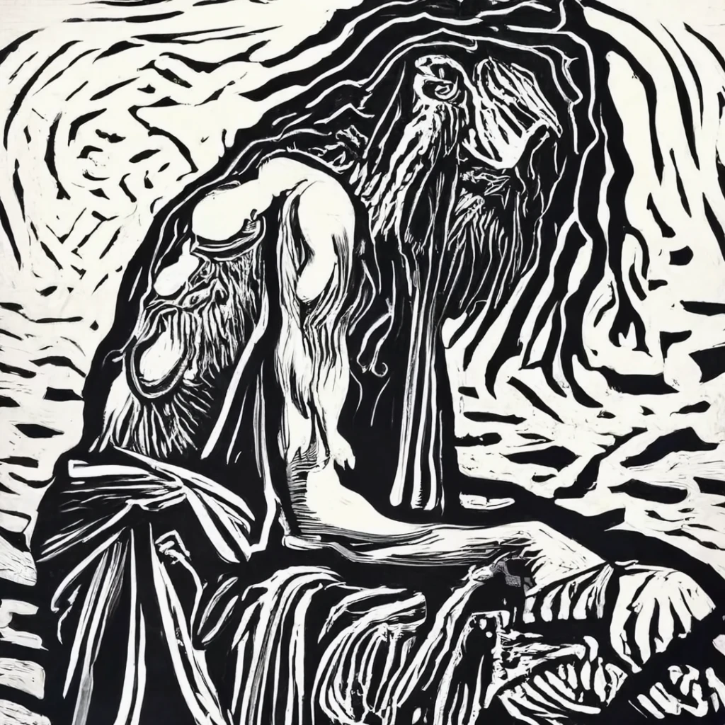 Striking piccaso linocut in black and white with plain white background ...