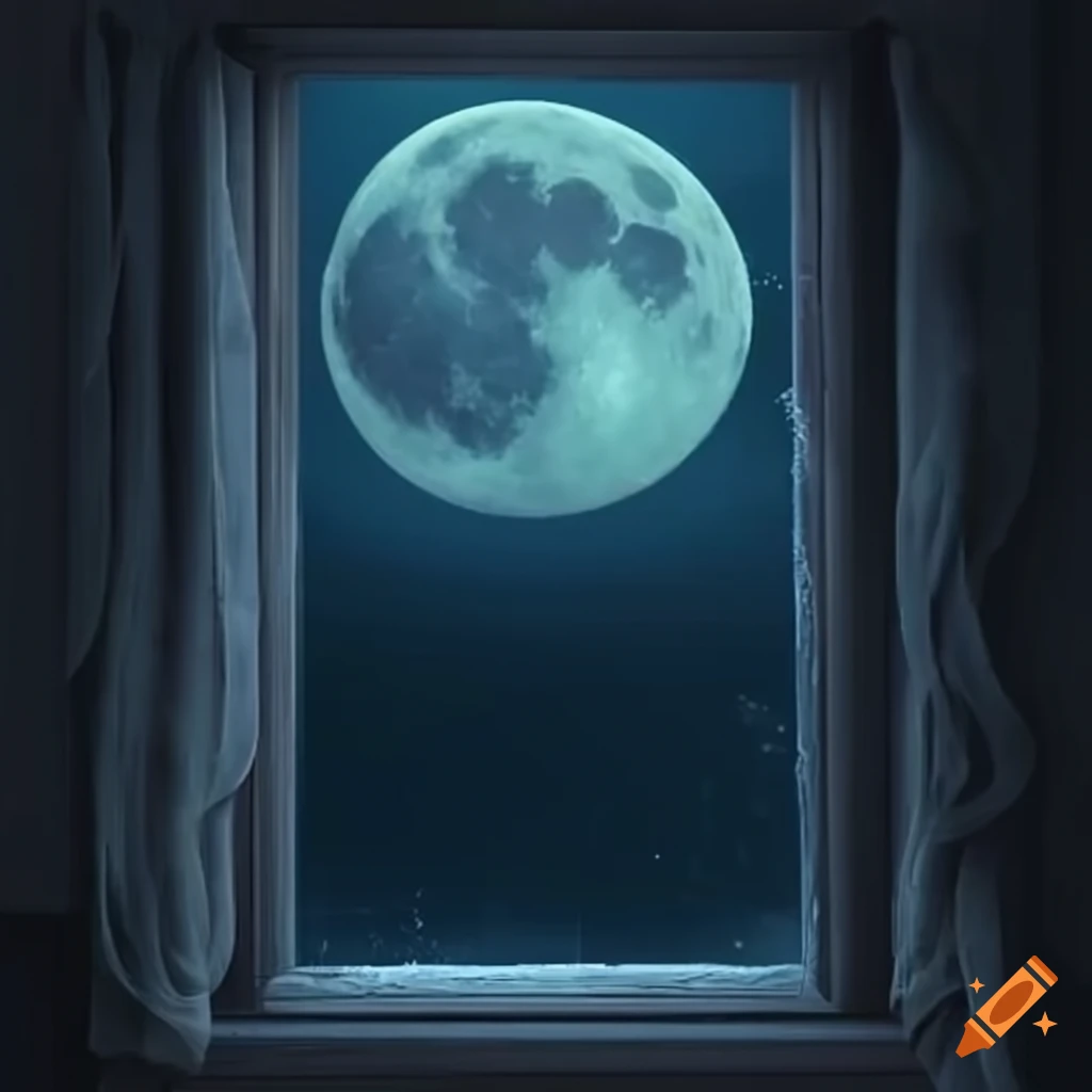 Glowing moon in a stormy night seen through a window frame on Craiyon