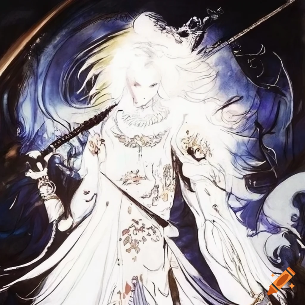 Ethereal white knight with a mythical sword by Yoshitaka Amano on Craiyon