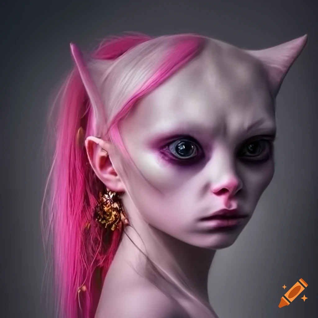 Alien girl with pink hair and Egyptian cat in a golden rose sky with ...