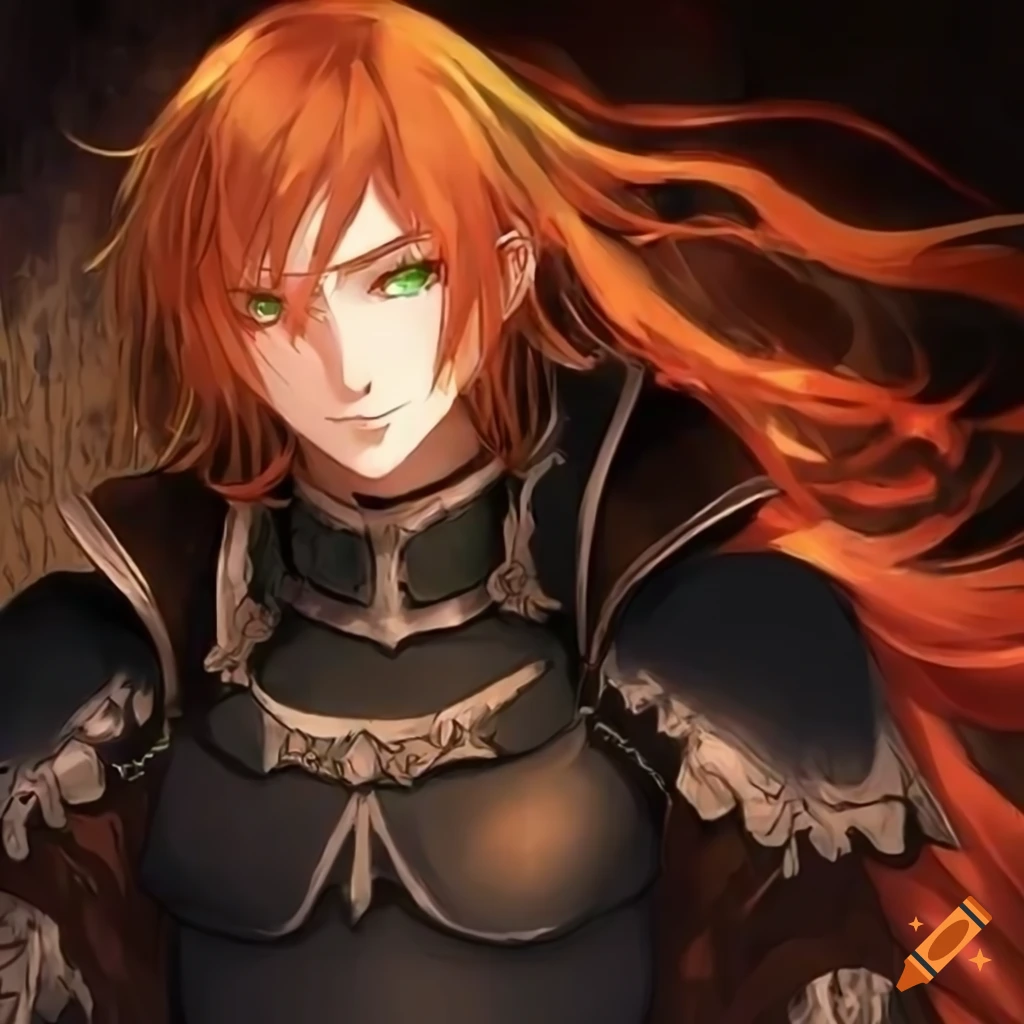 Anime male elf knight with long orange hair and green eyes on Craiyon