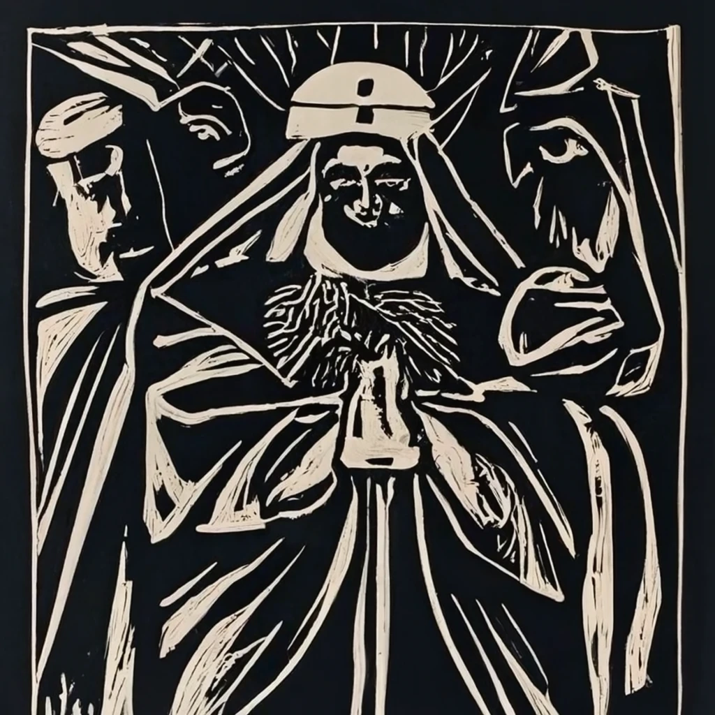Striking 1970s linocut in black and white with plain background depicts ...