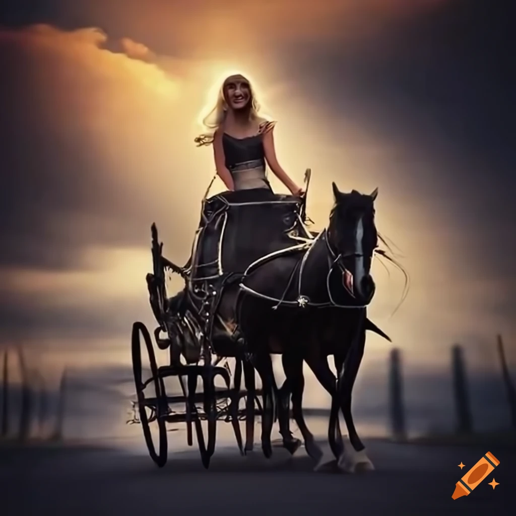 Blonde woman driving a carriage with two horses on Craiyon