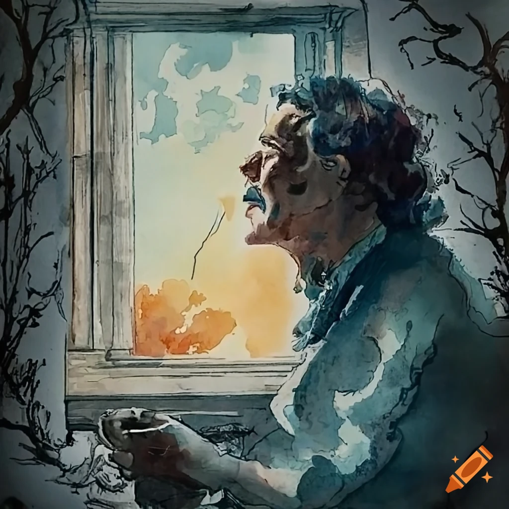 Distressed man looking out grand window with stormy skies in a ...