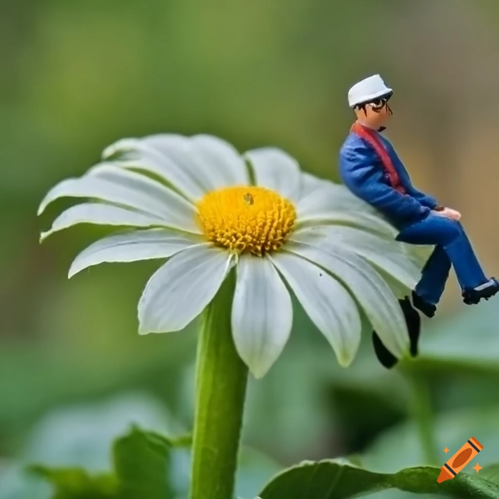 Miniature man next to a big flower in highly detailed outdoor scene on ...