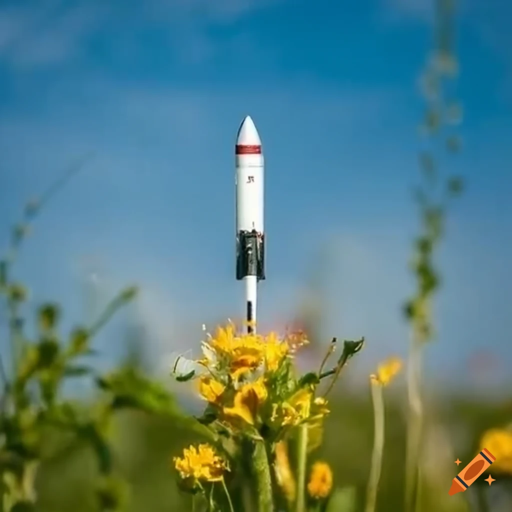 Miniature rocket launching from a flower in ultra-realistic photography ...