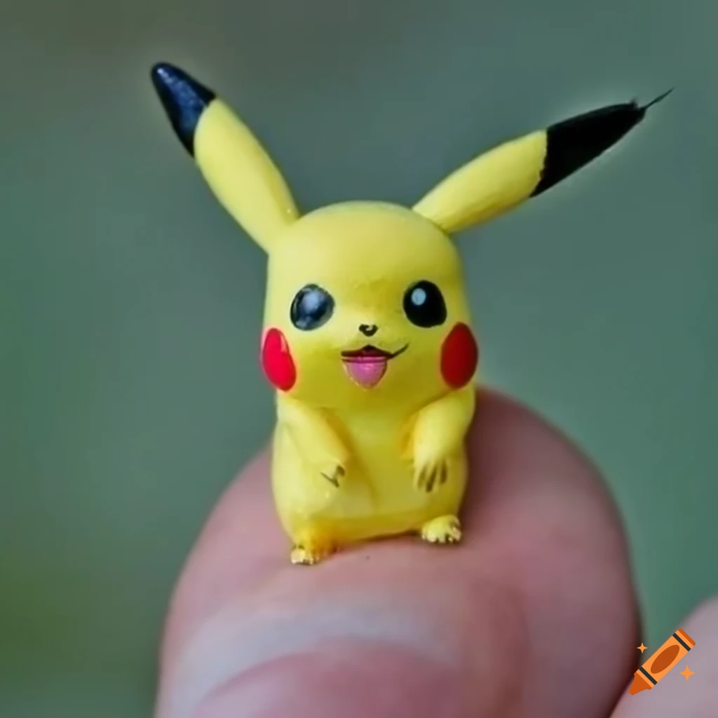 Miniature pikachu on fingertip in detailed macro photography on Craiyon