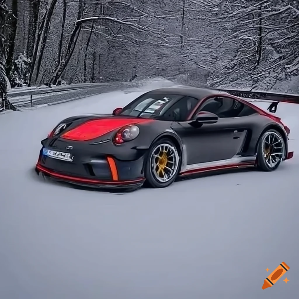 2023 Porsche 911 GT3 R race car speeding on snowy Nordschleife on Craiyon