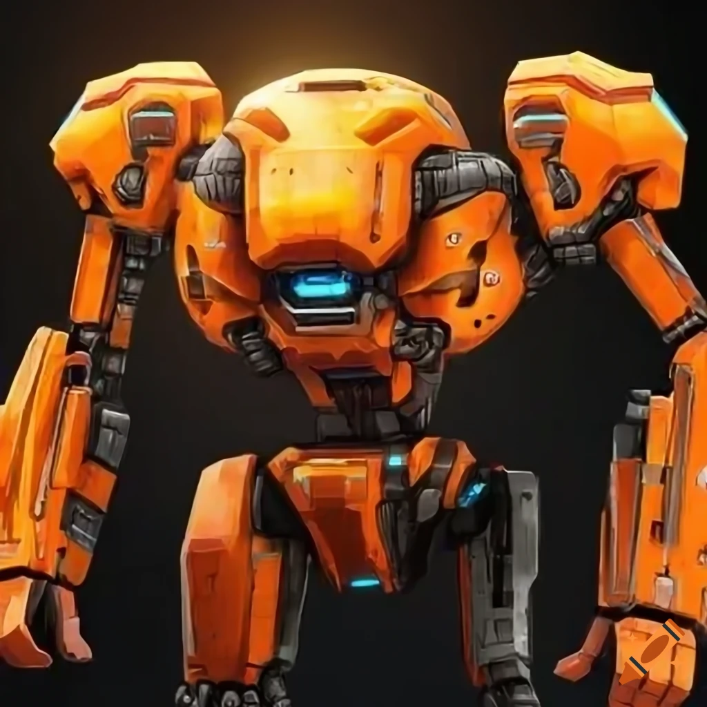 Futuristic orange battle mech in high definition on Craiyon