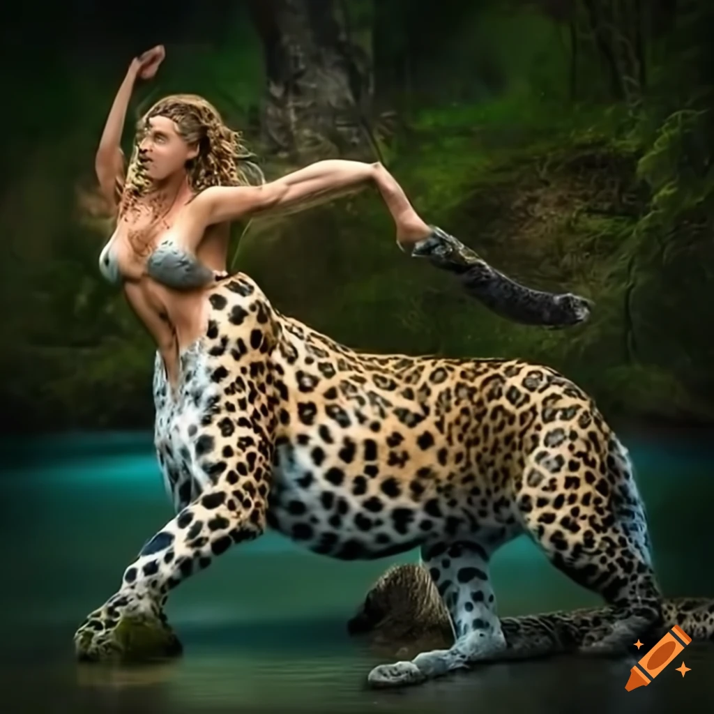 Majestic leopard-centaurs in a forest river setting on Craiyon