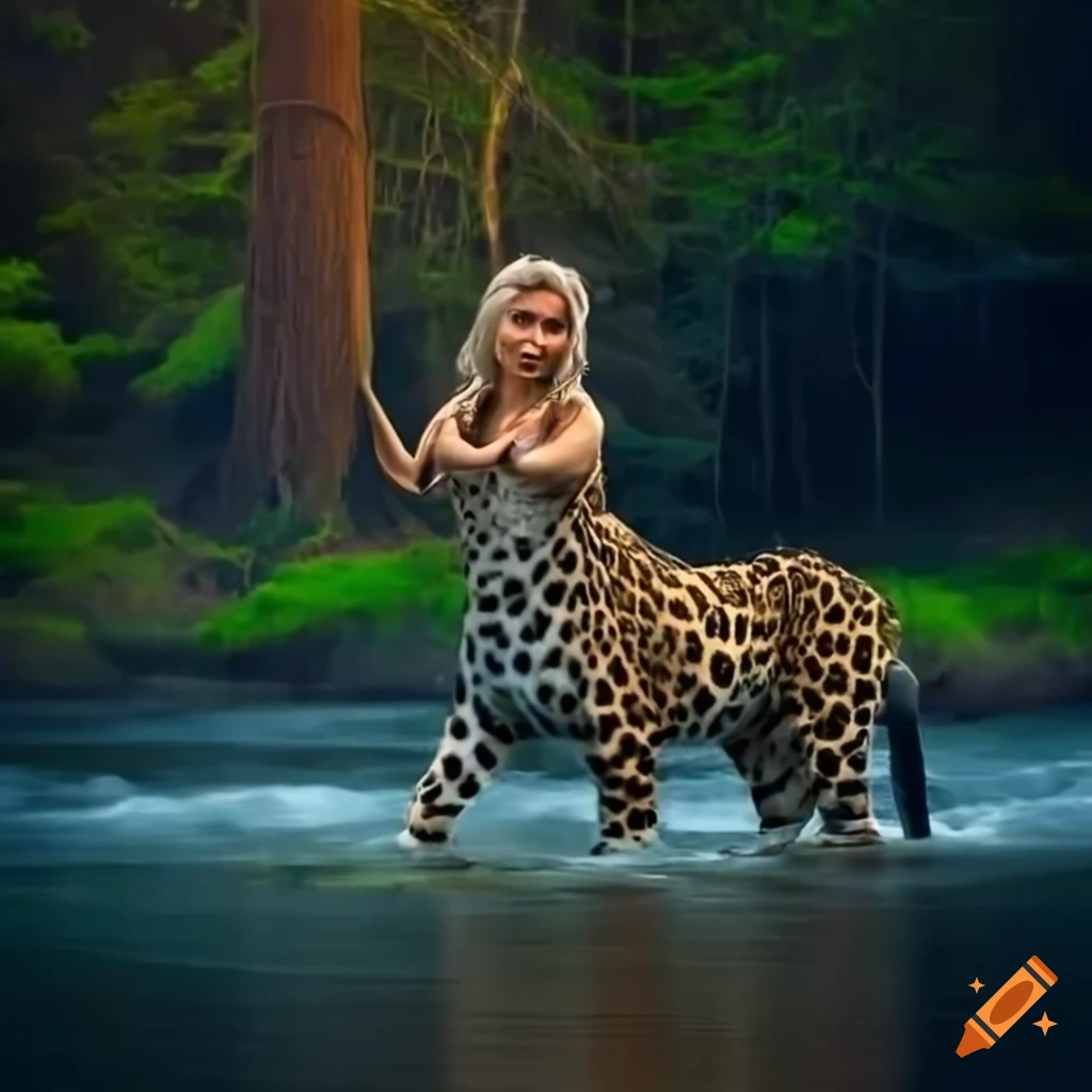 Majestic leopard-centaurs in a serene forest river setting on Craiyon