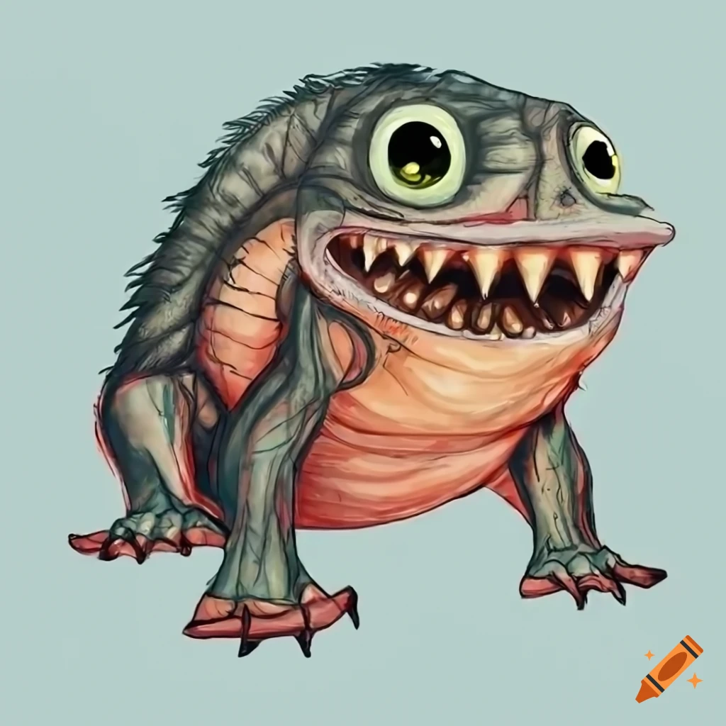 Child's drawing of an adorable four-legged monster with sharp teeth ...