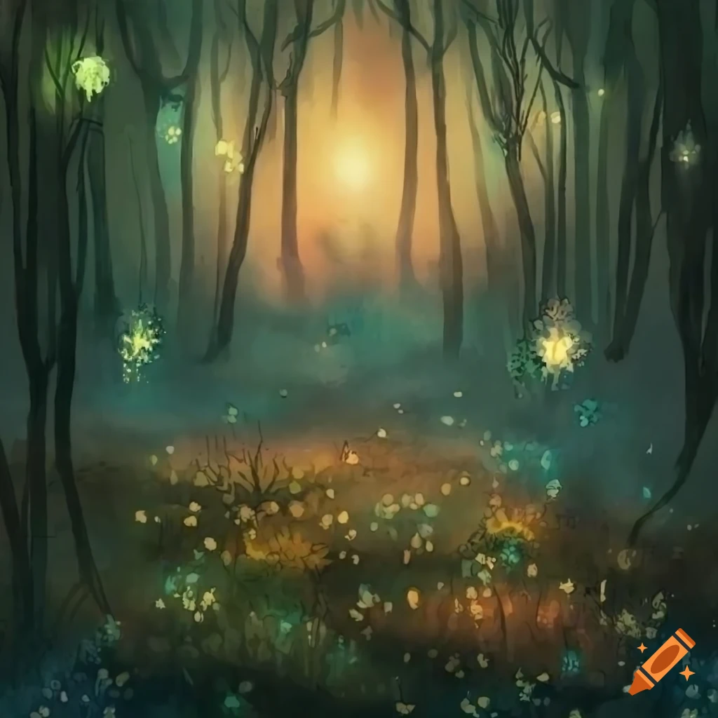 Mysterious flower field in a realistic forest setting with glowing ...