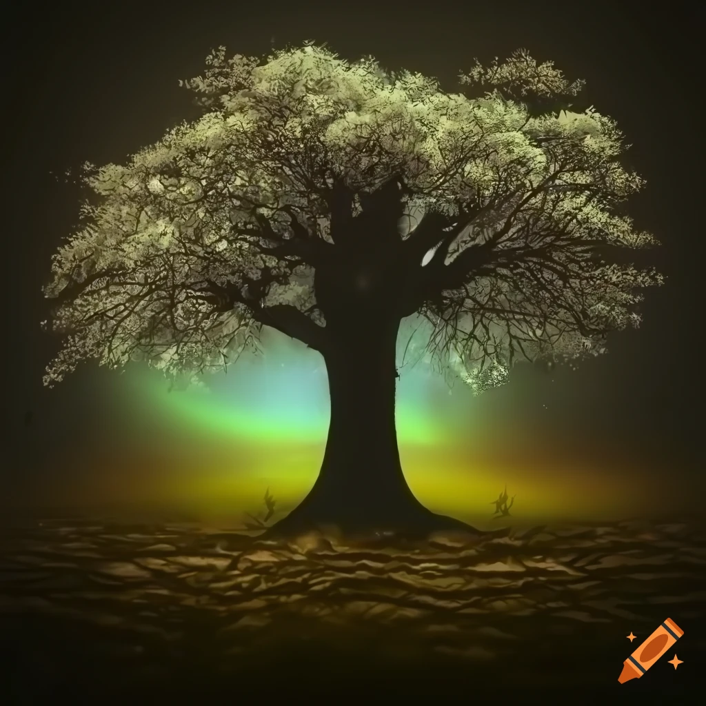 Celestial blossom oak tree with glowing silver and gold leaves in a ...