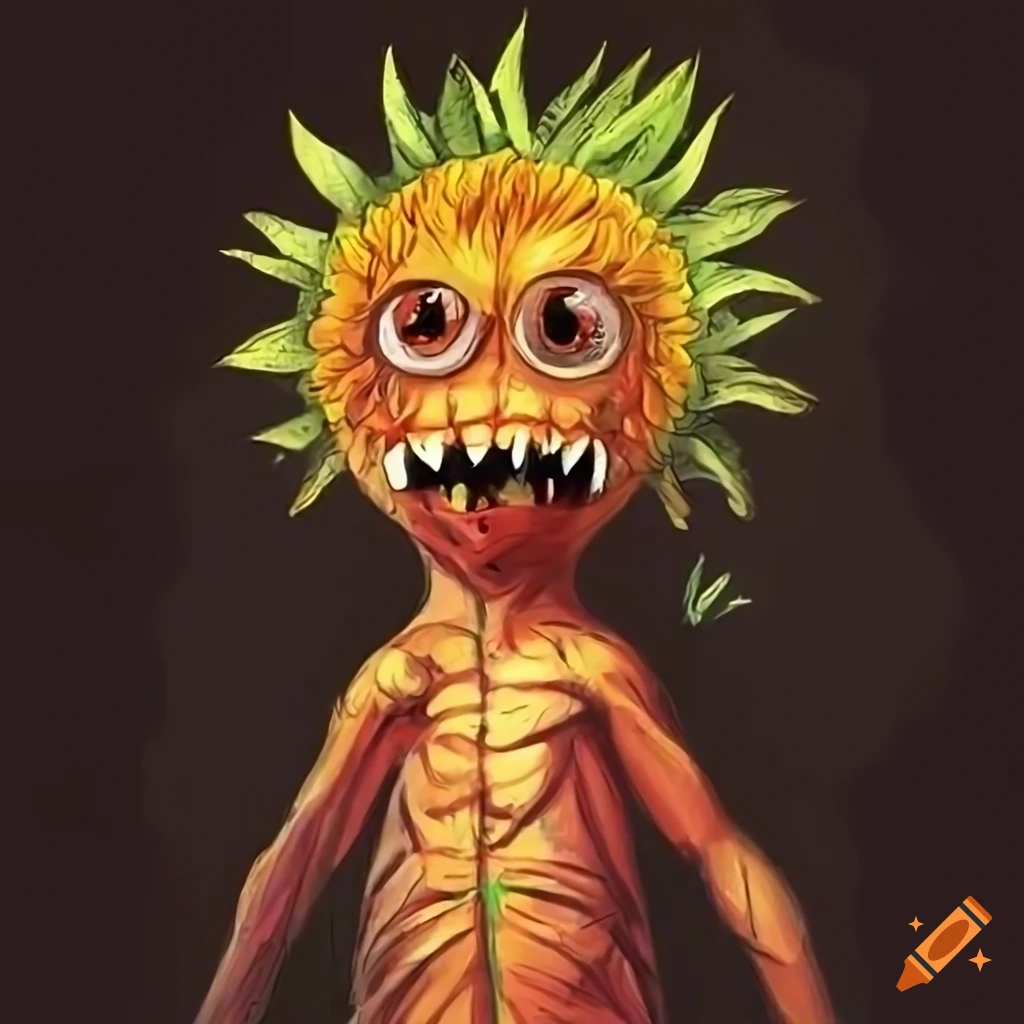 Adorable dancing monster with sunflower head and leaf arms in a warm ...