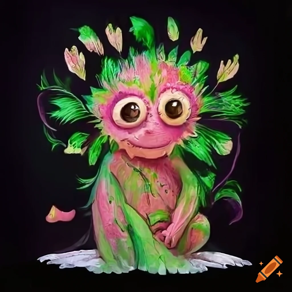 Adorable plant-monster collecting flowers in a warm light on Craiyon