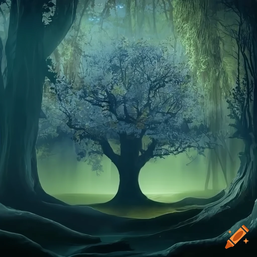 Celestial blossom oak tree with glowing silver and gold leaves in a ...