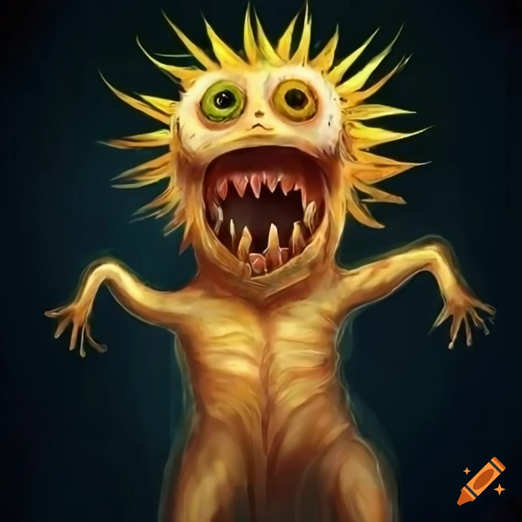 Adorable dancing monster with sunflower head and leaf arms in a ...