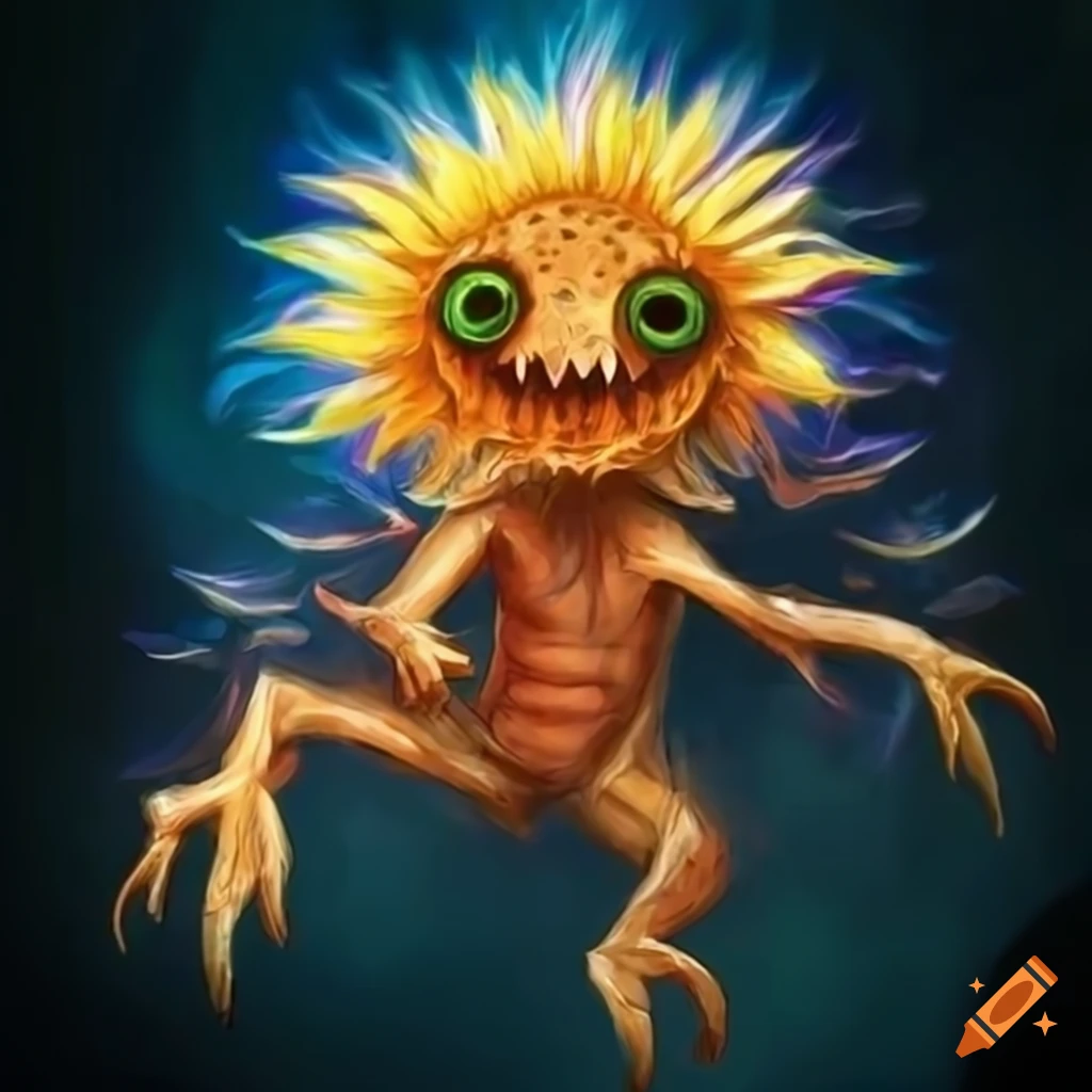 Adorable dancing monster with sunflower head and leaf arms in a ...