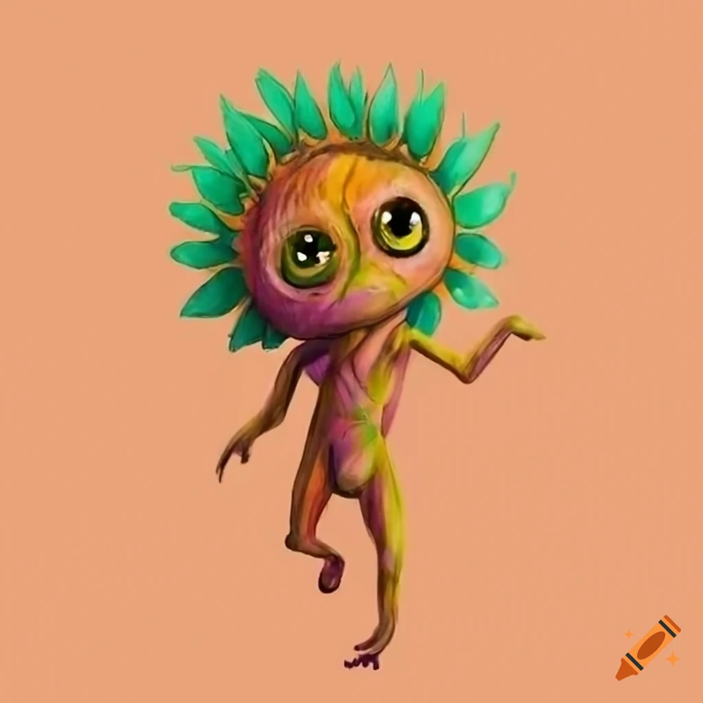Adorable dancing monster with sunflower head and leafy arms in warm ...