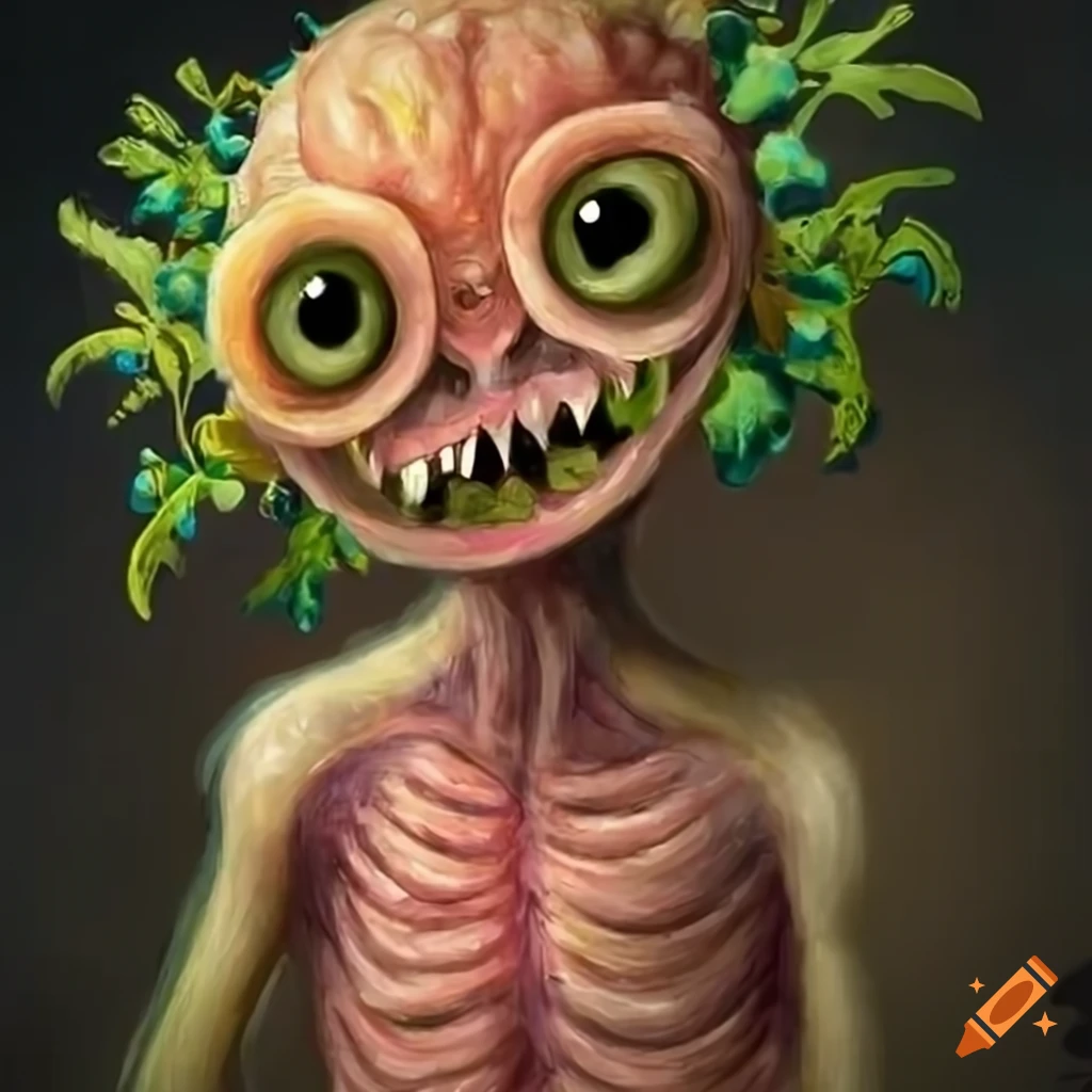 Child's drawing of a plant-monster collecting flowers with detailed ...