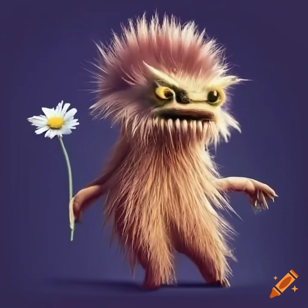 Sad hairy monster holding a daisy in a symmetrical composition on Craiyon