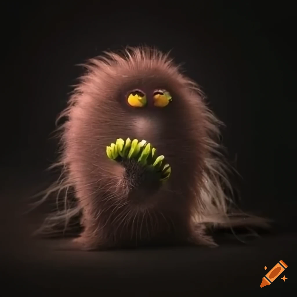 Sad hairy monster holding a daisy in symmetrical composition on Craiyon