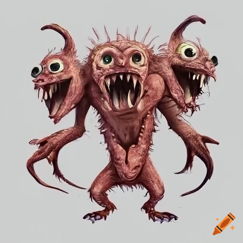Child's drawing of an adorable three-headed monster on Craiyon