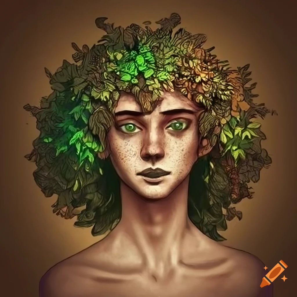 Illustration of a smiling forest spirit with green hair and freckles on ...
